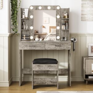 maupvit vanity desk with mirror and lights,makeup vanity table set with power outlet,3 lighting modes & adjustable brightness dressing table with 2 drawers for bedroom dressing room,light oak grey