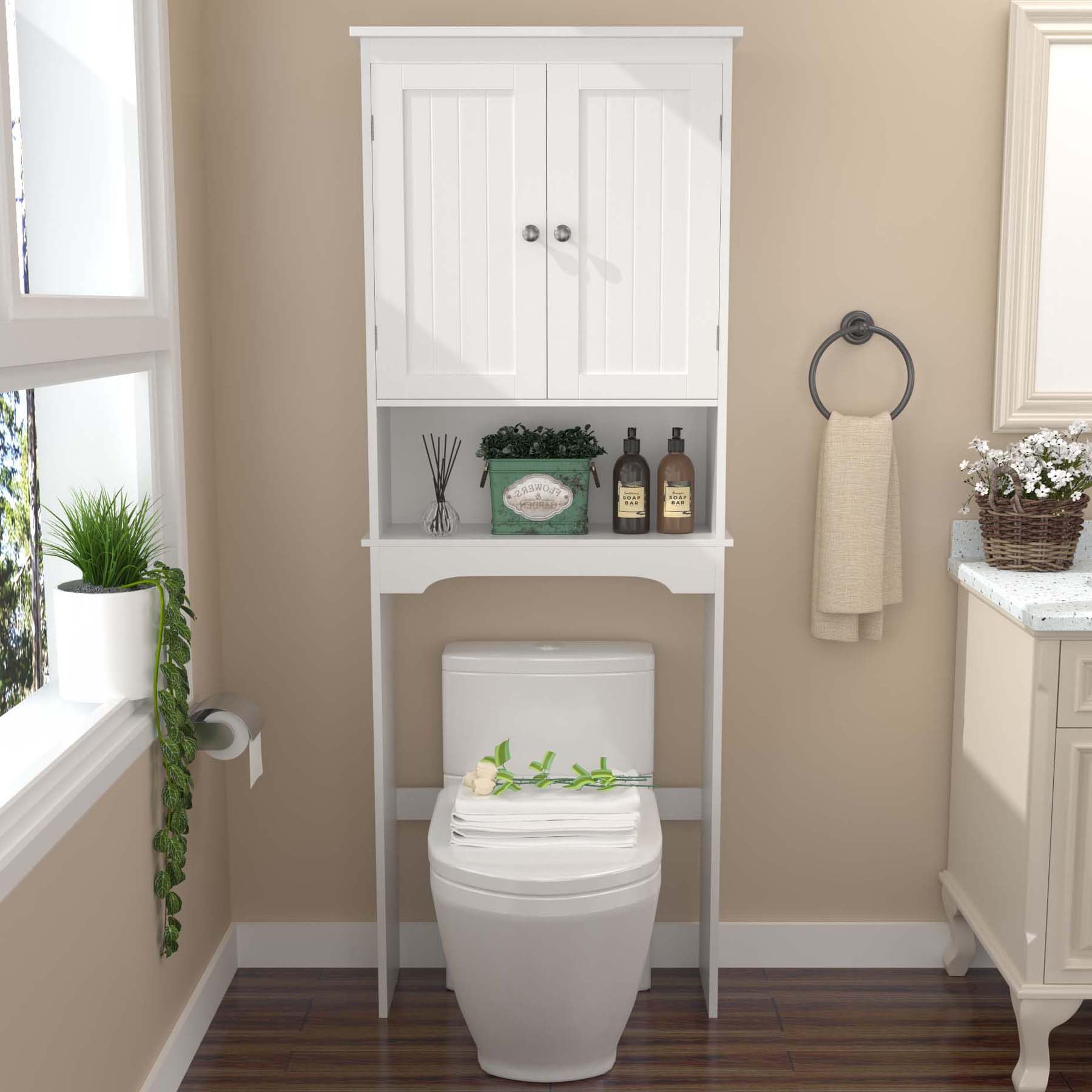 HRVEOCEI White Over The Toilet Storage Cabinet with Doors, Freestanding Bathroom Above Toilet Storage & Tall Bathroom Over Toilet Storage Cabinet with Adjustable Shelf (Style1)