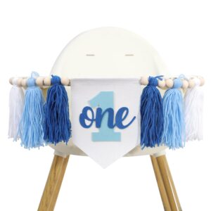 blue tassel 1st birthday high chair banner - first birthday decorations for boys,cake smash party highchair banner,yarn tassel one birthday banner,blue yarn tassel garland photo prop