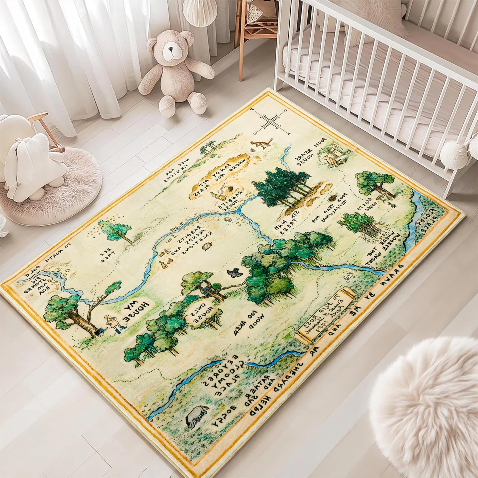 Estmy 4x6 Cute Woodland Nursery Rugs for Girls Boys Neutral Non Slip Washable, Stain Resistant Soft Shaggy Cartoon Fun Map Kids Playroom Rug, Vintage Whimsical Retro Area Rugs Carpet for Kids Bedroom