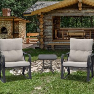 SUNBURY Outdoor 3-Piece Rocking Bistro Set, Modern Patio Furniture Set w Warm Gray Cushion, Glass Coffee Table, Small Rocker Conversation Set Patio Table and Chairs Set for Garden, Backyard