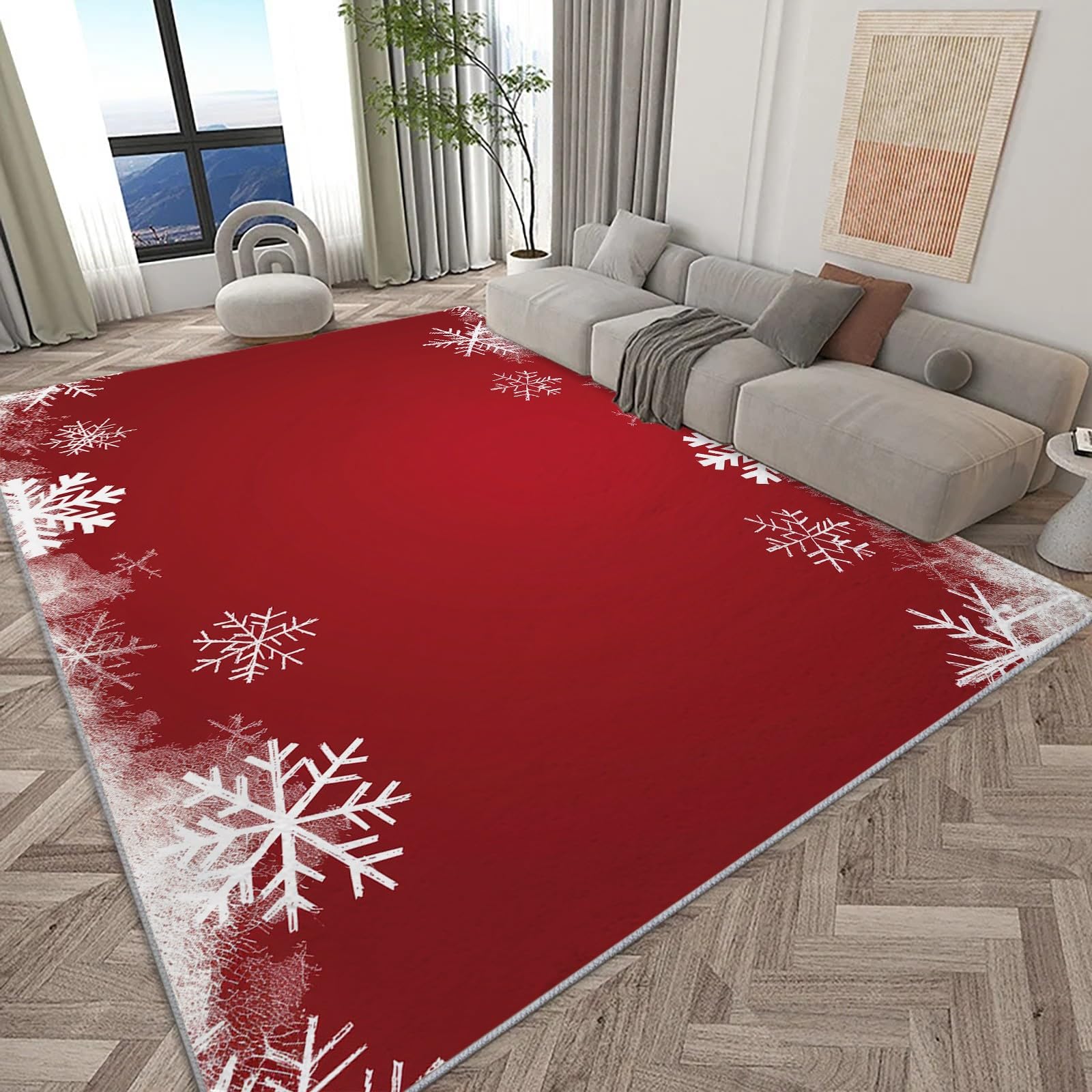 Area Rug for Living Room 4x6 ft Washable Low Pile Rugs Red Snowflakes Christmas Indoor Non Slip Floor Rugs, Ultra Soft Faux Wool Carpet for Bedroom Dining Room Kids Room