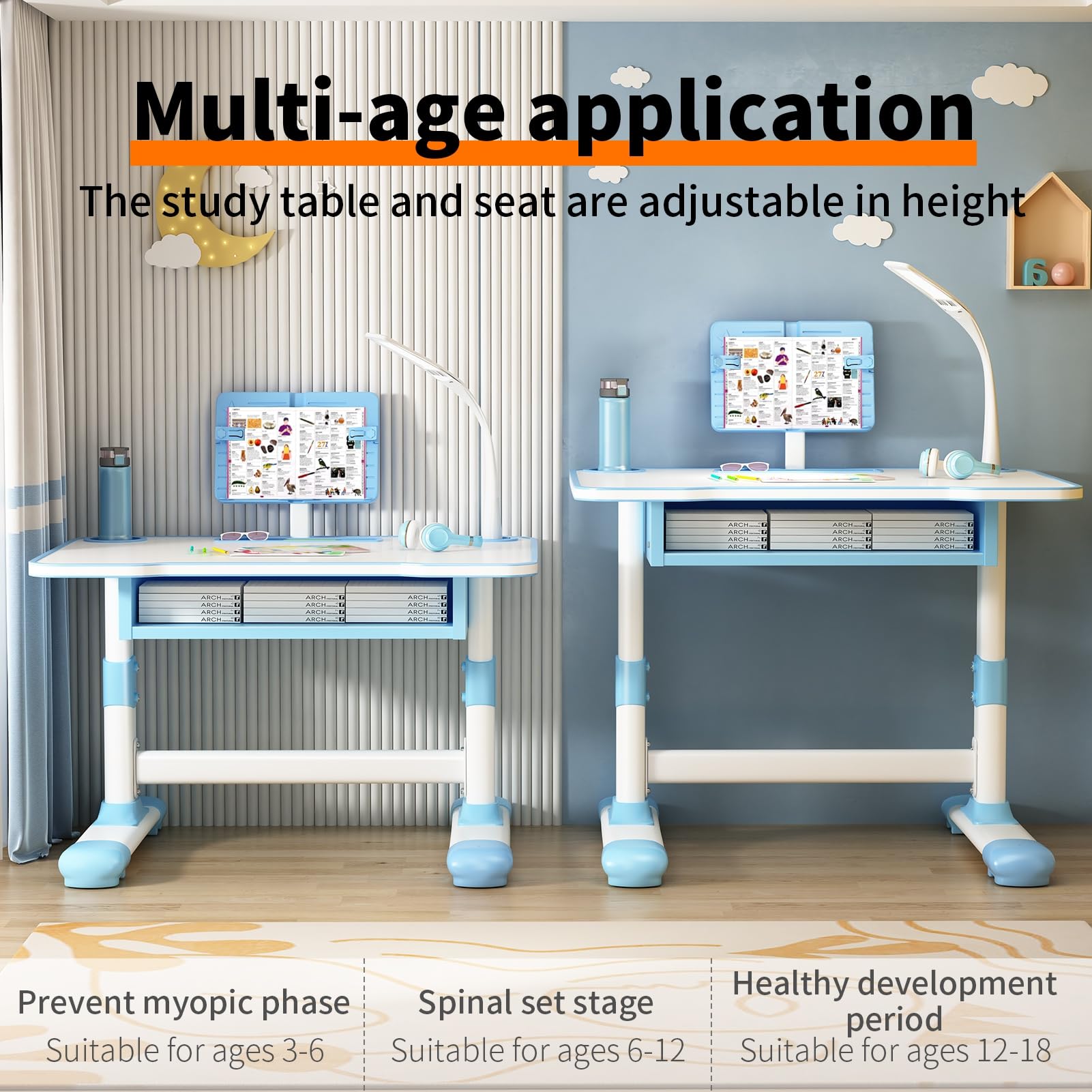 yoakaiax Kids Desk and Chair Set, Height Adjustable Student Study Desk with Extra Large Drawer,Tiltable Desktop Toddlers Writing Table, Children Learning Table with Large Drawer for Boys & Girls Blue