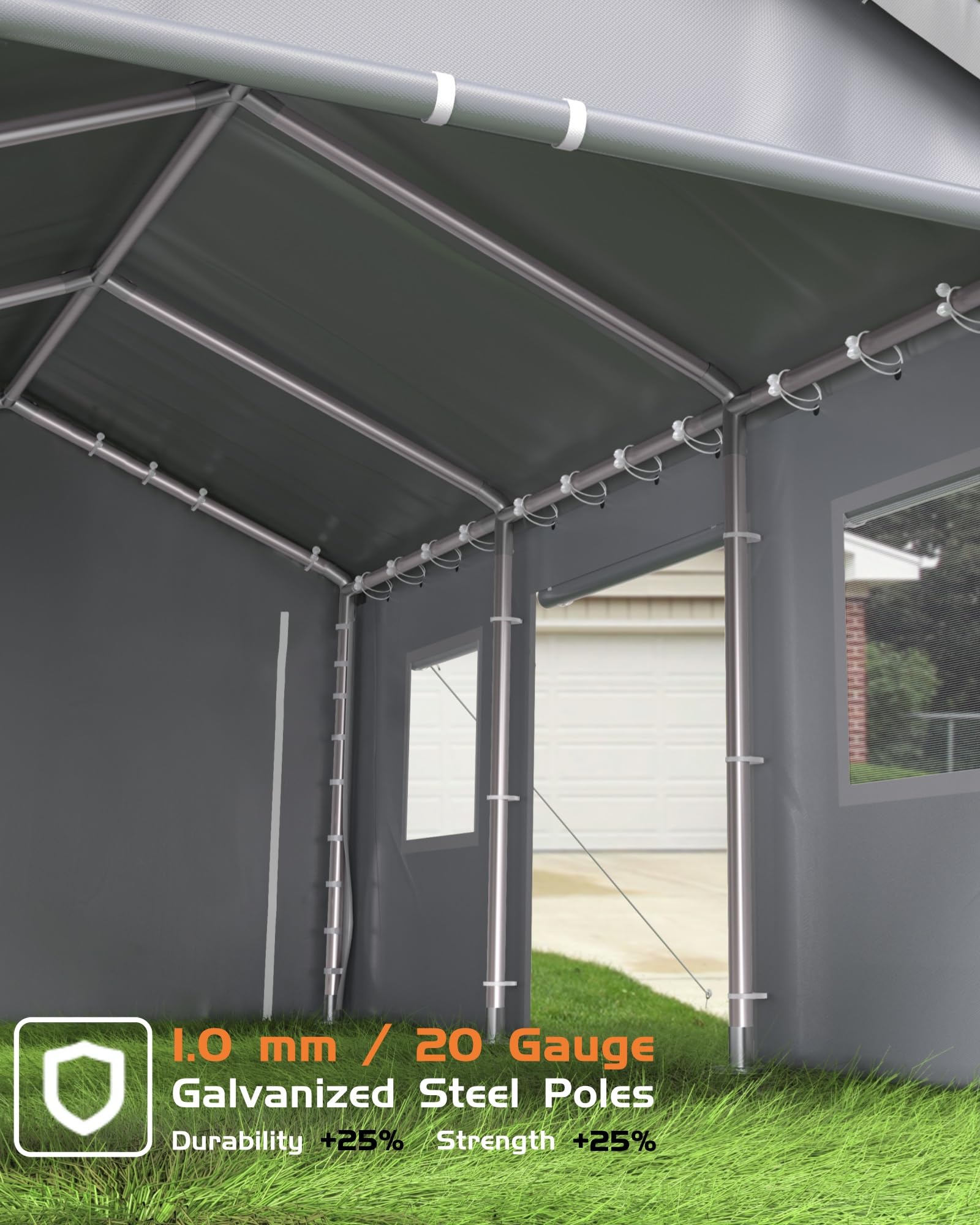 GarveeLife 13 x 20 ft Carport Heavy Duty, Portable Garage with 4 Roll-up Doors, 4 Mesh Windows, 180 g PE Tarps, and 8 x 1.0 mm Poles, for Full-Size Pickups, Bass Boats, and SUVs, Gray