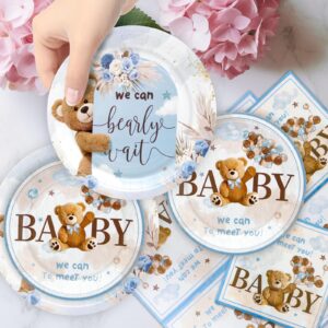 180PCS We Can Bearly Wait Paper Plates and Napkins Tableware Set Serves 60, Blue Bear Baby Shower Decorations Supplies, Includes Dinner Plates, Dessert Plates, Napkins