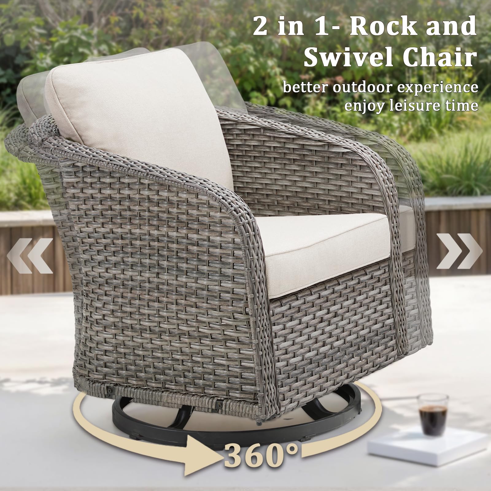 LUMIINOFAMI 4 Pieces Swivel Rocker Outdoor Chairs, 360° Swivel Wicker Patio Furniture with 4'' Thickness Cushion, Rattan Swivel Rocker Chair for Backyard Porch Garden