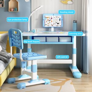 pofluany Height Adjustable Kids Desk and Chair Set, Kids Functional Desk and Chair Set for Kids, Children Study Desk, Study Table for Kids Boys Girls School Study Table for Writing Reading Blue