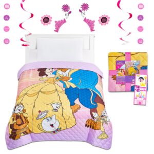 beauty and the beast bedspread twin set for kids - bundle with princess belle quilted bedspread for twin bed plus room decor, more | beauty and the beast twin bedding set for girls