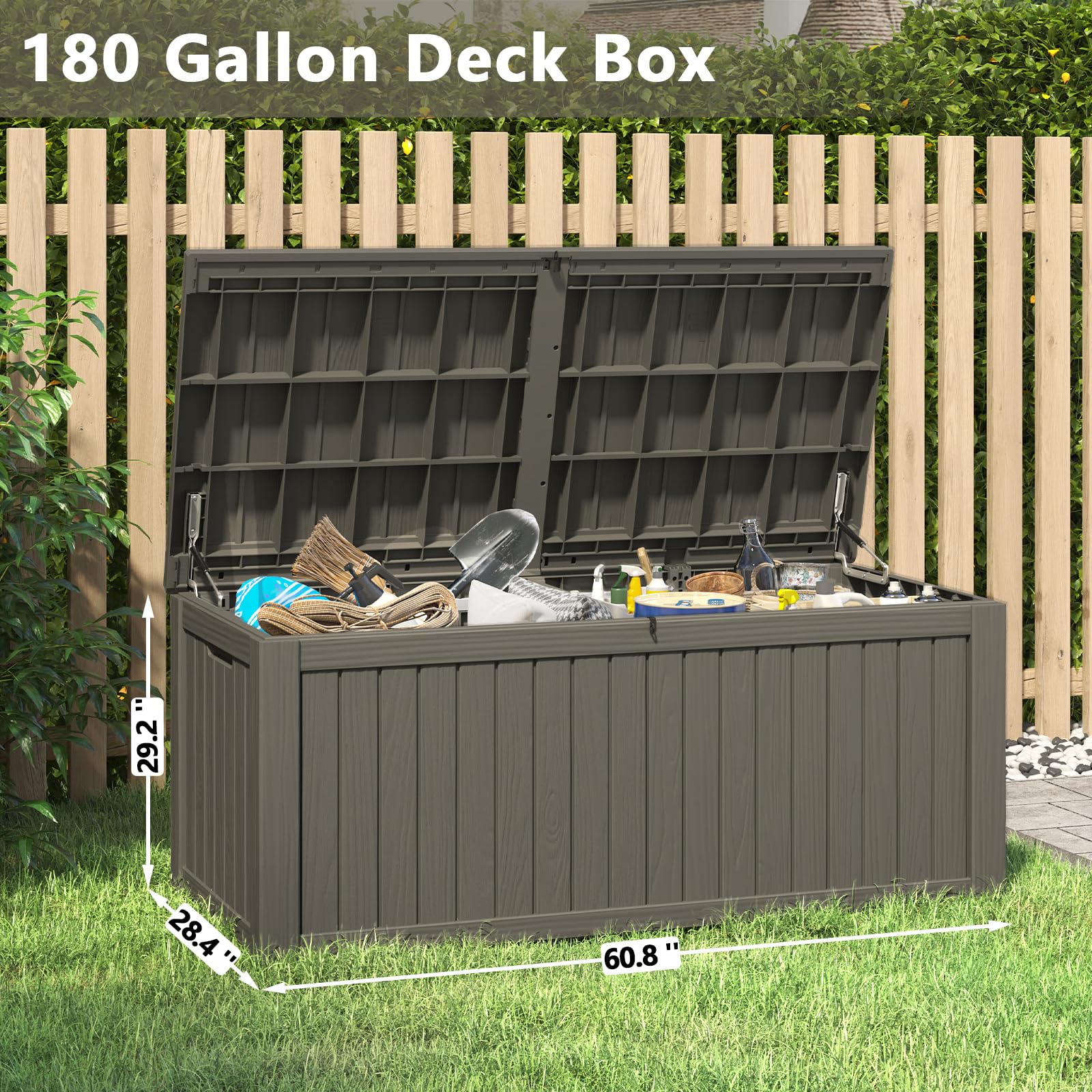 LHBGO 180 Gallon Deck Box,Outdoor Storage Box, Waterproof and UV Resistant Storage Deck Box for Garden Tools