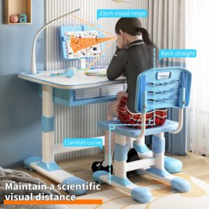 pofluany Height Adjustable Kids Desk and Chair Set, Kids Functional Desk and Chair Set for Kids, Children Study Desk, Study Table for Kids Boys Girls School Study Table for Writing Reading Blue