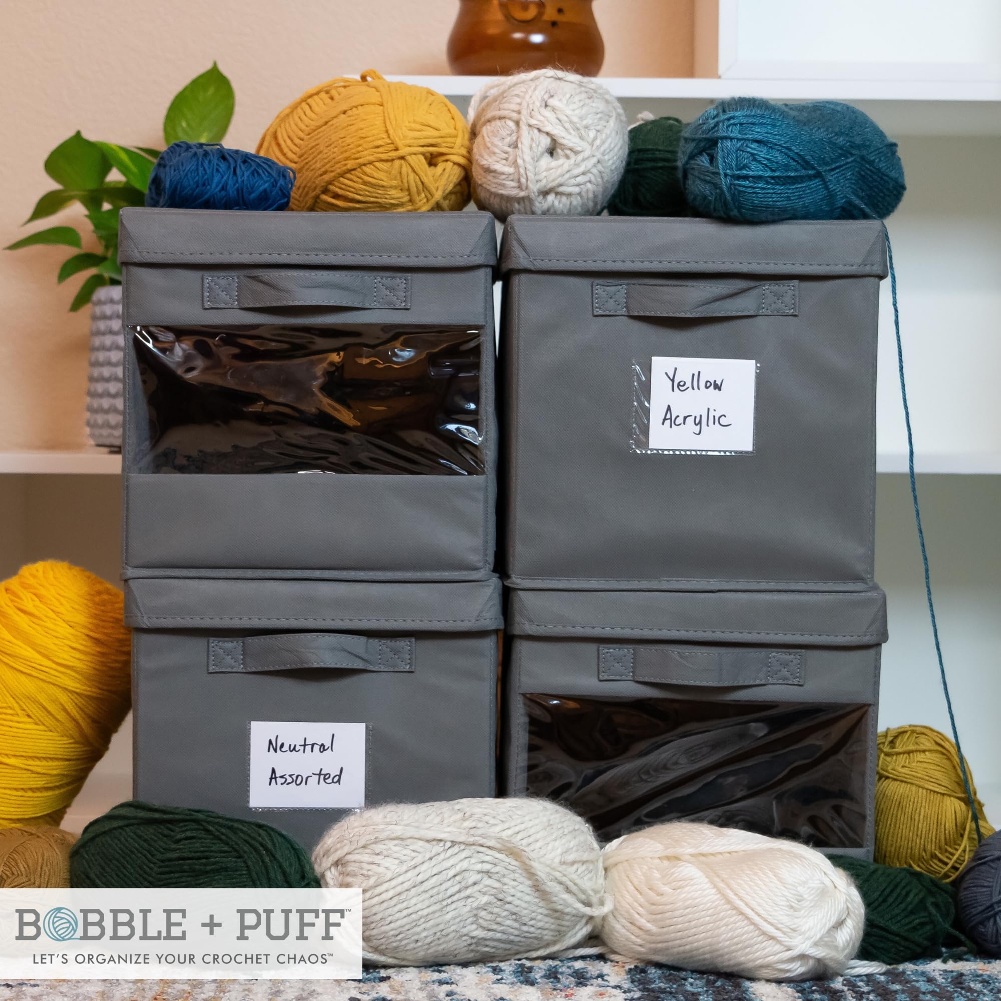 B+P YARNstashr™ 10.5 x 10.5 Yarn Storage Cubes 4-Pack-Cube Organizer Bins with Lid-Sturdy, Reversible and Ideal for Yarn Organization, Crochet Stuff, More! Foldable Fabric Storage Boxes for Crocheters