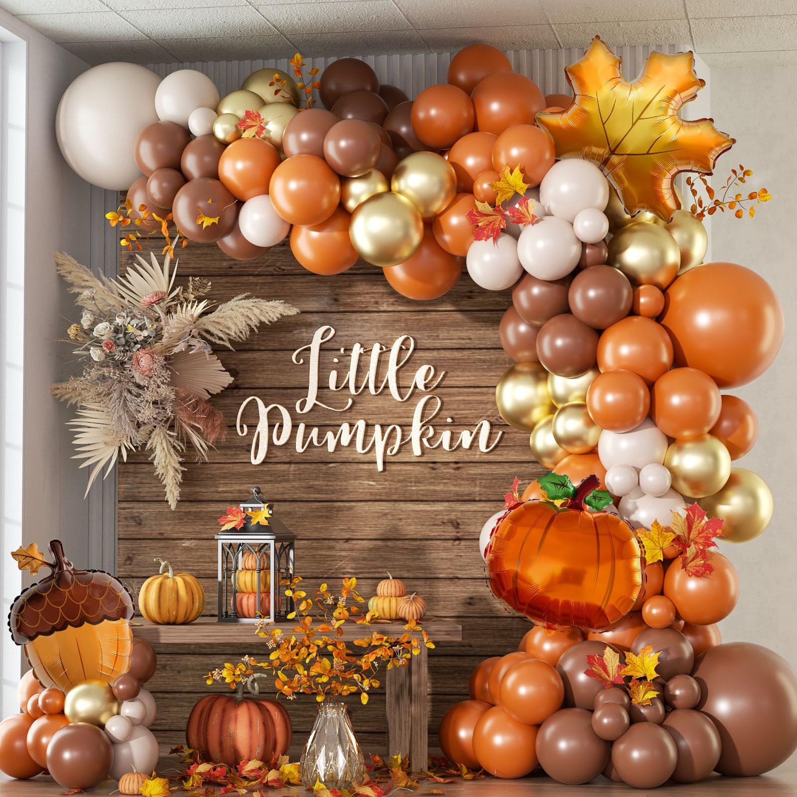 150pcs Fall Balloon Arch Kit Thanksgiving Balloon Arch Little Pumkin Balloon Garland with Brown Burnt Orange Balloons Different Sizes for Birthday Little Pumpkin Wedding Fall Baby Shower Decorations