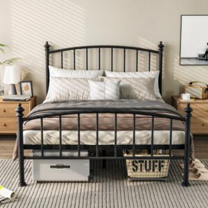 queen size metal platform bed frame, victorian wrought iron-art design, classic black, mattress foundation with headboard & footboard, under bed storage, no box spring needed, black