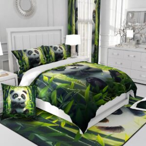 Cute Panda Duvet Cover Queen Size,Green Leaves Comforter Cover with 2 Pillowcase for Teens Adults,Kids Cartoon Panda Bedding Set,Black White Animal Breathable 3 Pcs Decorative Bed Cover(No Comforter)