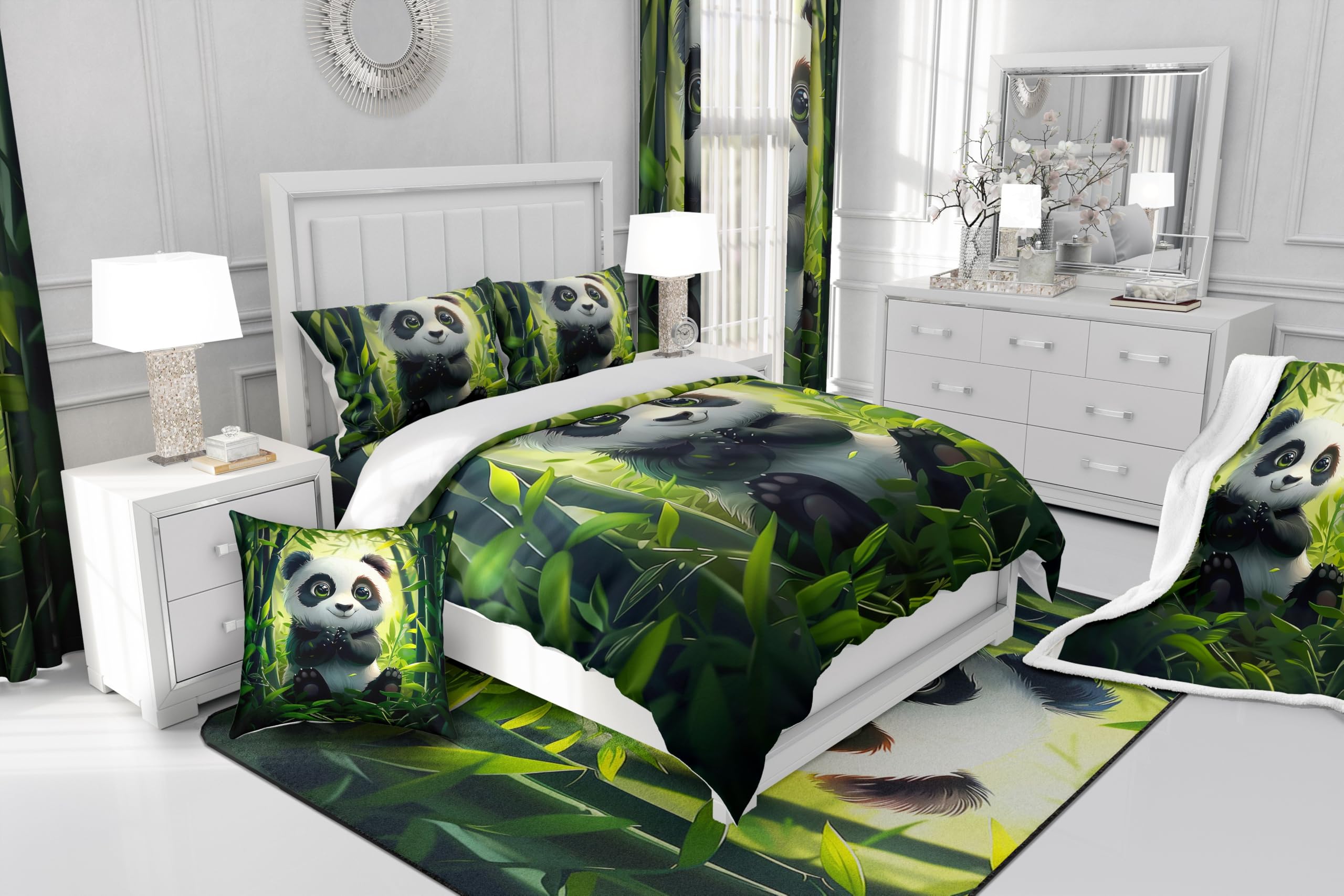 Cute Panda Duvet Cover Queen Size,Green Leaves Comforter Cover with 2 Pillowcase for Teens Adults,Kids Cartoon Panda Bedding Set,Black White Animal Breathable 3 Pcs Decorative Bed Cover(No Comforter)