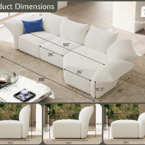 Jocisland 118 Inch Sectional Couch, 3 Seats Modular Sectional Sofa- Adjustable Arm and Backrest, Modern Sofa- Comfy Couches for Living Room, Off-White Bouclé