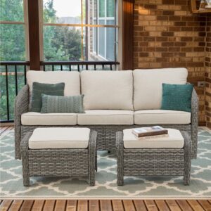 LUMIINOFAMI 3 Piece Patio Couch PE Wicker 3-seat Sofa, 73.6'' Long Outdoor Couch Patio Sofa with 2 Ottoman, Barrel-Shaped Wicker Sofa Outdoor Furniture Rattan Wicker Sofa for Patio Deck Porch