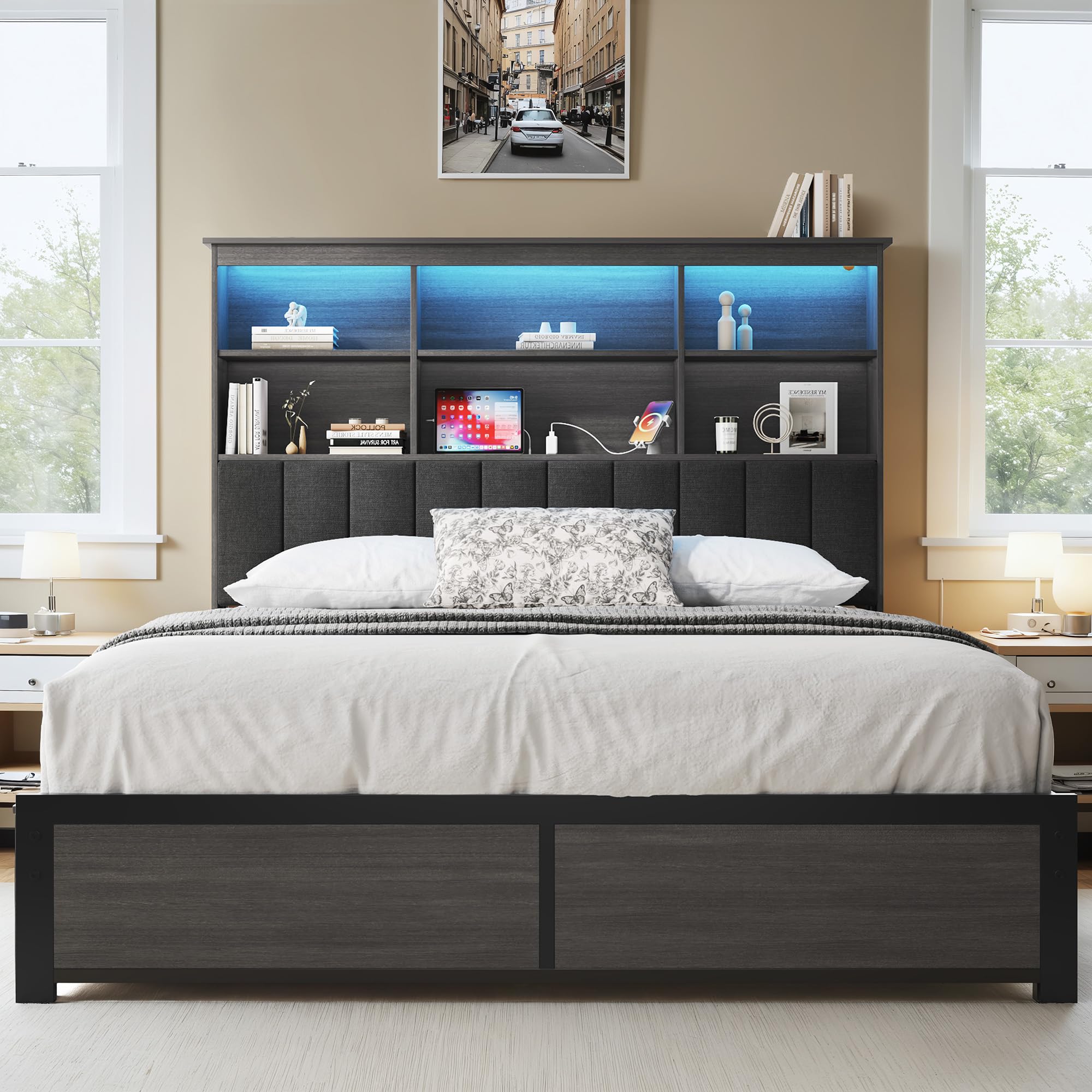 HISOFT Queen Bed Frame with Storage Headboard, Wood Bed Frame with High Storage Bookcase, 4 Storage Drawers & LED & Charging Station,No Box Spring Needed/Noise Free/All-Metal Support, Rustic Grey