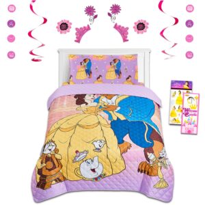 beauty and the beast bedding twin bed set for girls - bundle with belle bed sheets with flat sheet, fitted sheet, pillowcase, quilted bedspread plus stickers, more | beauty and the beast sheets twin