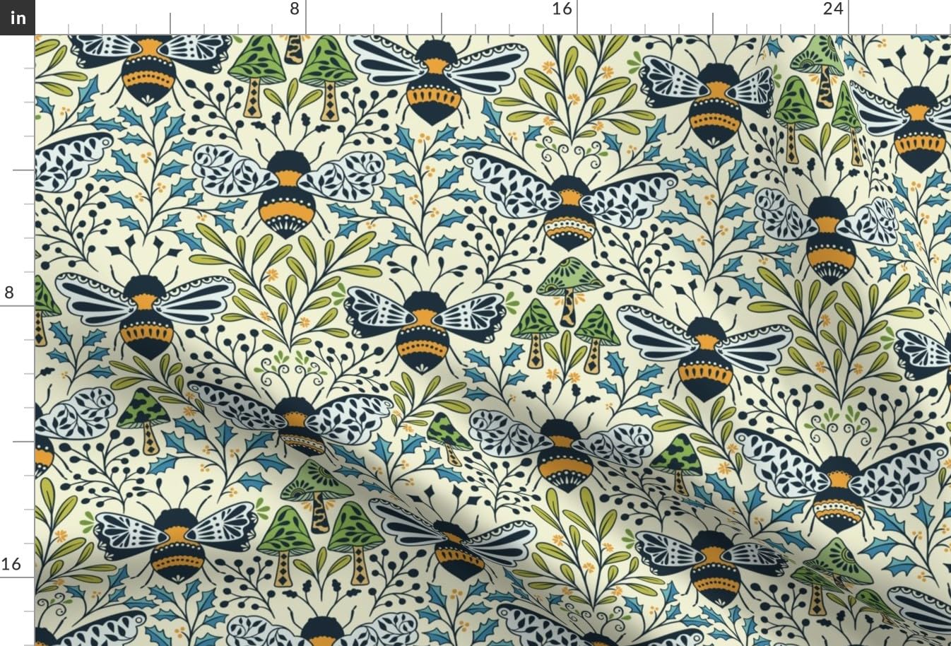 Spoonflower Fabric - Bumblebee Nature Damask Botanical Mushroom Pollinator Large Scale Printed on Minky Fabric by The Yard - Sewing Baby Blankets Quilt Backing Plush