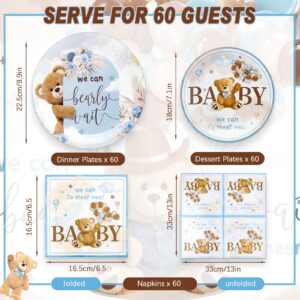 180PCS We Can Bearly Wait Paper Plates and Napkins Tableware Set Serves 60, Blue Bear Baby Shower Decorations Supplies, Includes Dinner Plates, Dessert Plates, Napkins