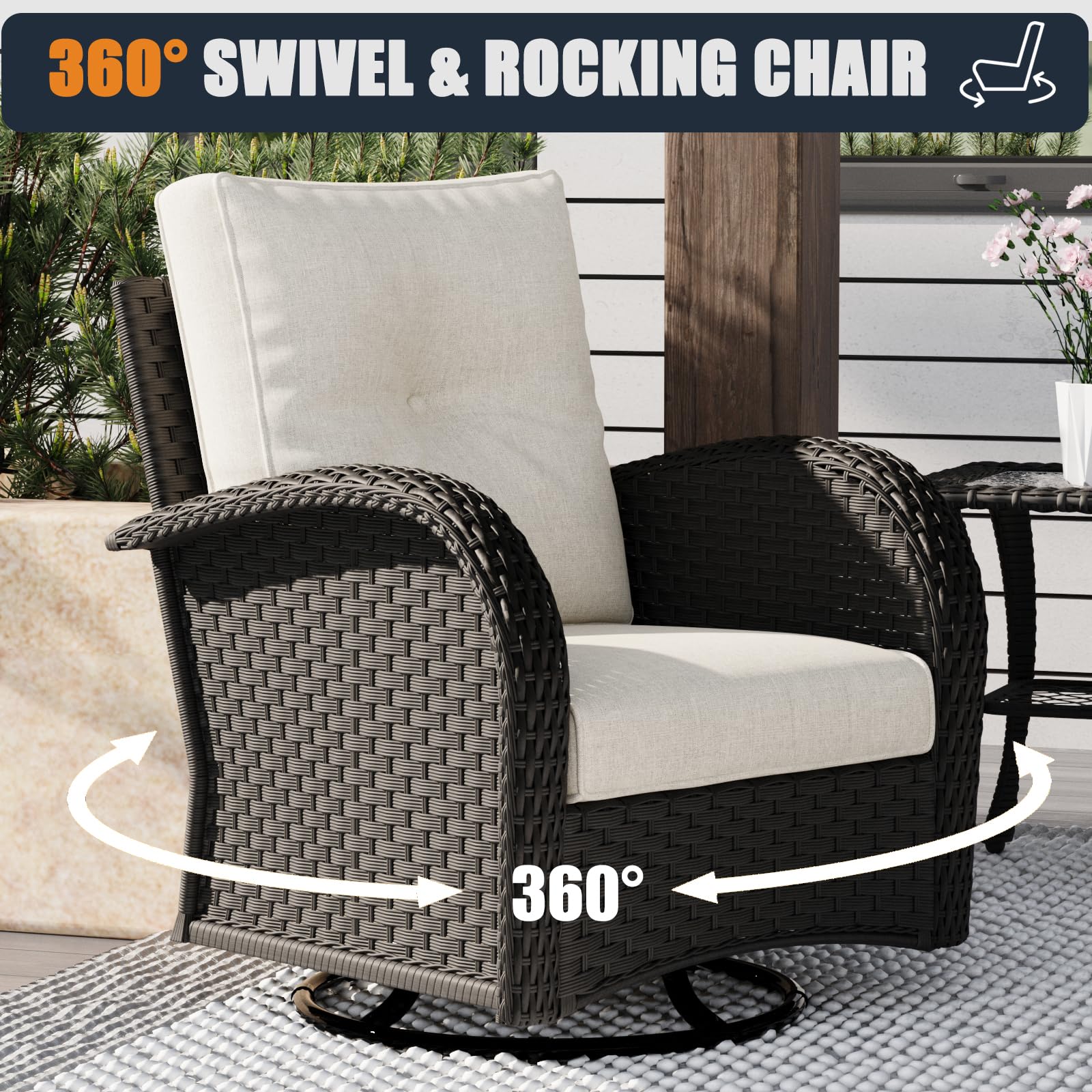 KHOLH Outdoor Patio Furniture Sets with Fire Pit Table 10 Pieces Wicker Swivel Rocker Chairs and Sofa Sets for Backyard Deck