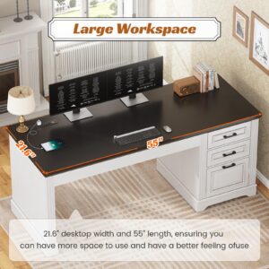 SEDETA Office Desk with 3 Drawers, 55" Executive Computer Desk with Storage Drawers, Farmhouse Desk with Power Outlet for Home Office, White