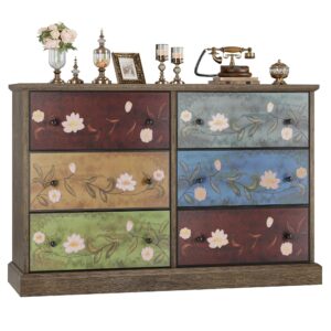 finetones 47.5’’ wide dressers & chests of drawers, 6 drawer dresser boho dresser tv stand, wood dresser vintage dresser chest of drawers for home, 47.5w x 16.7d x 31.9h inch