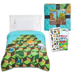 minecraft bedspread twin set for kids - bundle with minecraft quilted bedspread for twin bed plus stickers, more | minecraft twin bedding set for boys