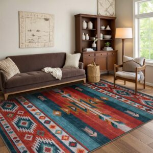 LIVEBOX Washable Native American Christmas Rug 8x10 - Soft Western Rugs for Living Room Thin Non-Slip Rug for Bedroom, Throw Carpet Southwestern Large Rugs for Living Room,(8 x 10 ft, Red Multi)