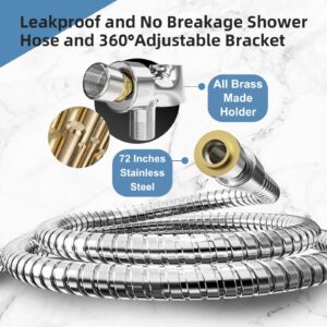 BESAQUO ALL METAL 3 Settings Handheld Shower Head with Hose and Brass Holder, Non-Clogging Nozzles High Pressure Shower Head with Handheld, 72 Inch Hose&Adjustable Holder