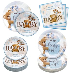 180pcs we can bearly wait paper plates and napkins tableware set serves 60, blue bear baby shower decorations supplies, includes dinner plates, dessert plates, napkins