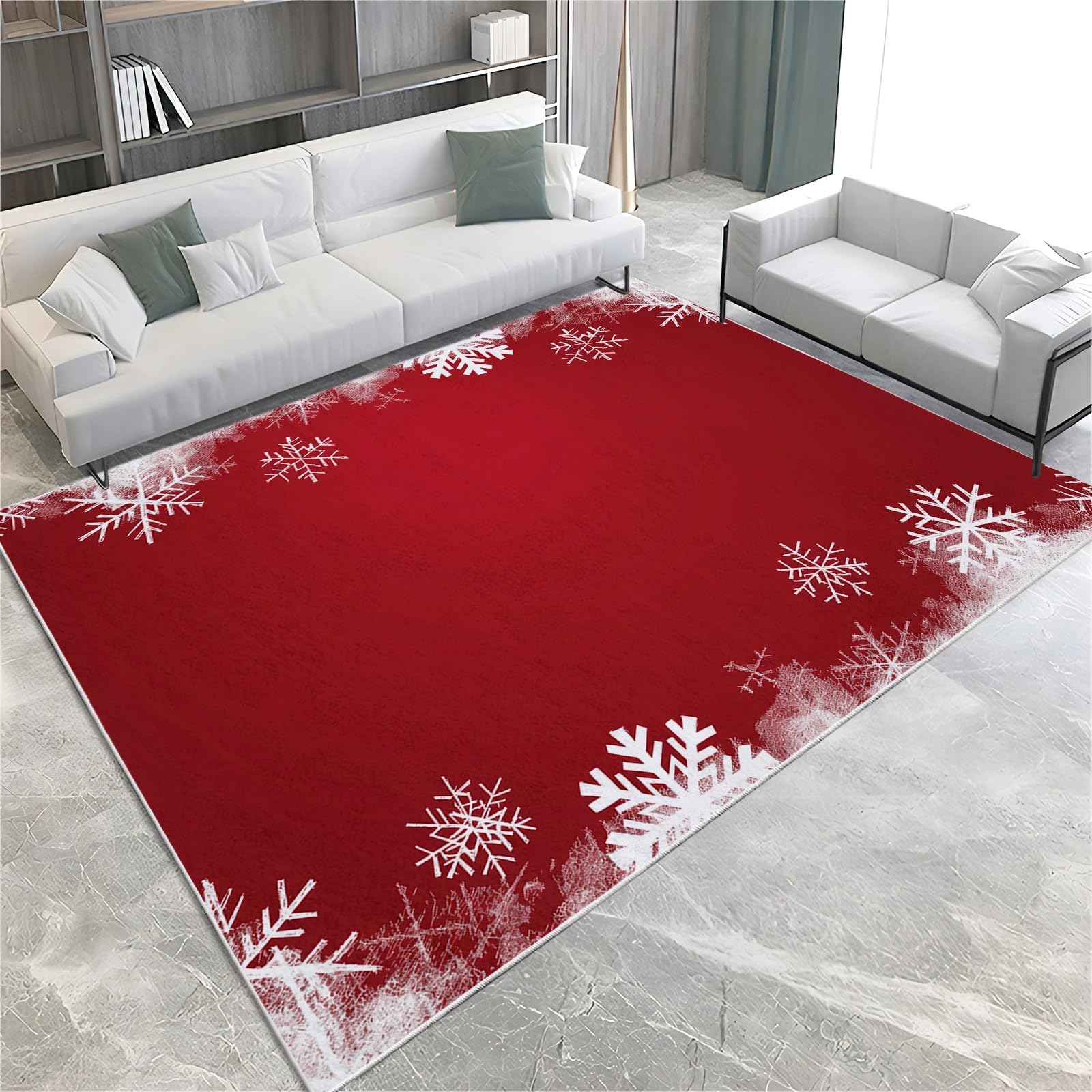 Area Rug for Living Room 4x6 ft Washable Low Pile Rugs Red Snowflakes Christmas Indoor Non Slip Floor Rugs, Ultra Soft Faux Wool Carpet for Bedroom Dining Room Kids Room