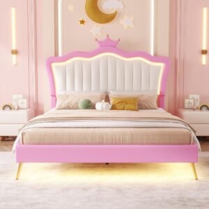 softsea full size upholstered bed with led lights, princess platform bed for girls, adjustable headboard with crown, wood slats support, no box spring needed, pink