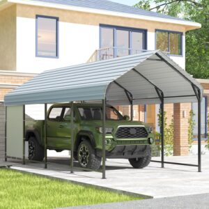 sundale outdoor metal carport 10' x 20', heavy duty canopy for garage, car garage shelter with galvanized metal roof and two bibs with pockets for jeep and boat, grey