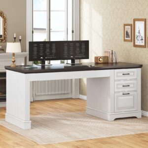 sedeta office desk with 3 drawers, 55" executive computer desk with storage drawers, farmhouse desk with power outlet for home office, white