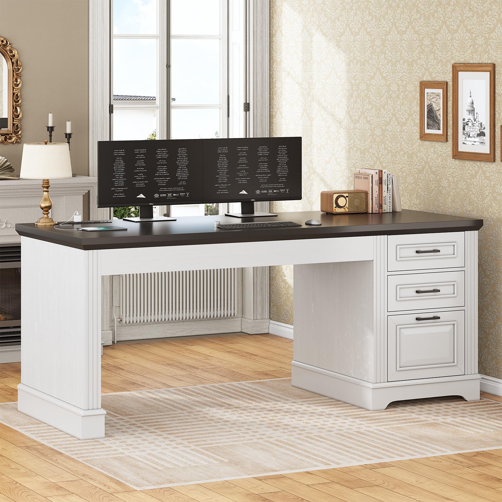 SEDETA Office Desk with 3 Drawers, 55" Executive Computer Desk with Storage Drawers, Farmhouse Desk with Power Outlet for Home Office, White