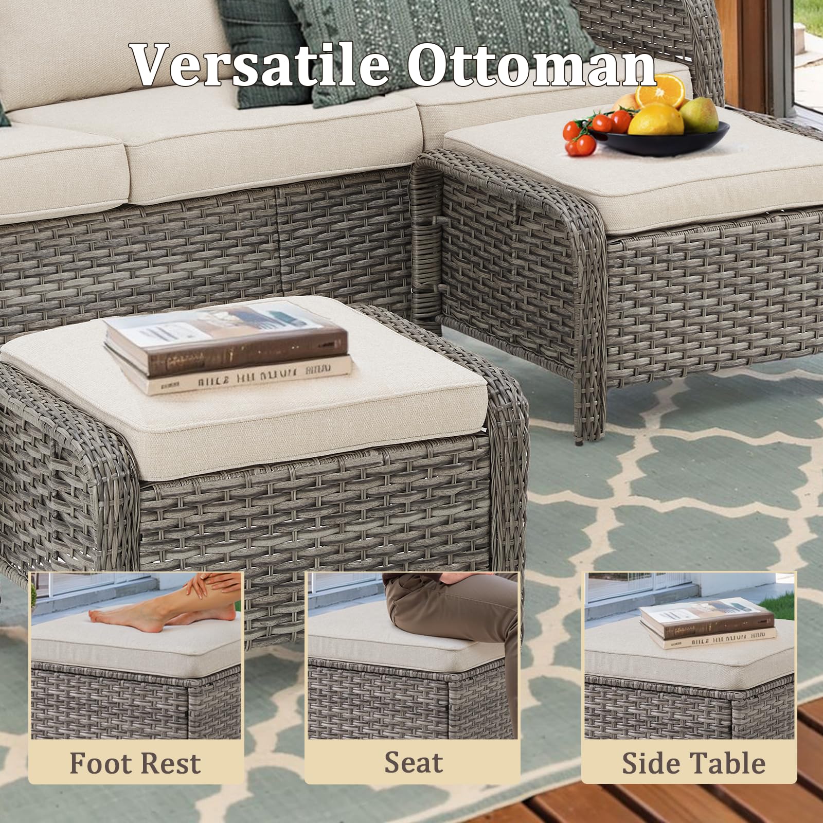 LUMIINOFAMI 3 Piece Patio Couch PE Wicker 3-seat Sofa, 73.6'' Long Outdoor Couch Patio Sofa with 2 Ottoman, Barrel-Shaped Wicker Sofa Outdoor Furniture Rattan Wicker Sofa for Patio Deck Porch