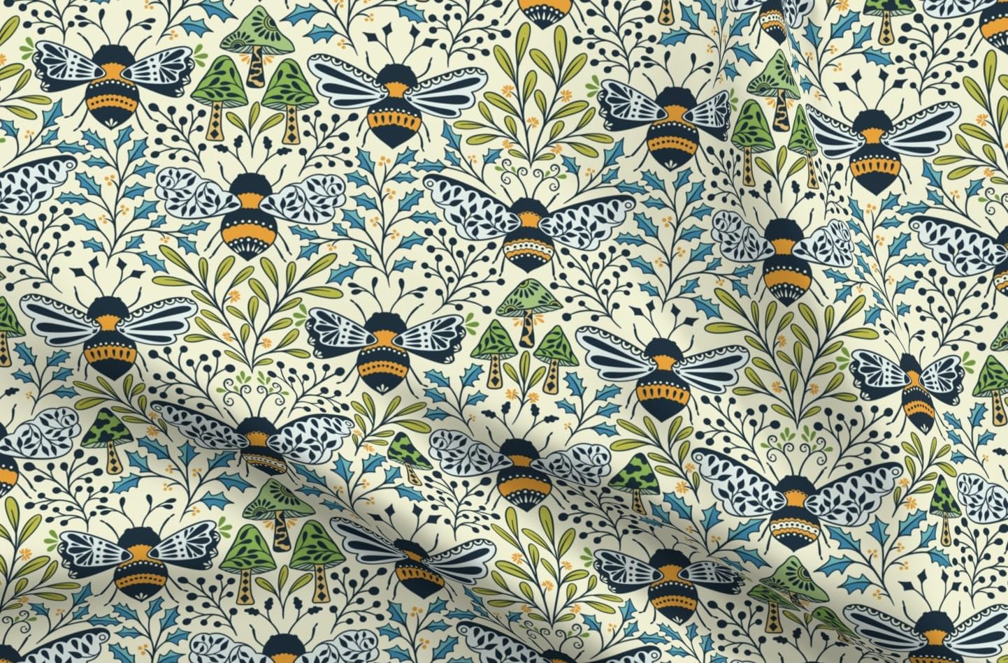 Spoonflower Fabric - Bumblebee Nature Damask Botanical Mushroom Pollinator Large Scale Printed on Minky Fabric by The Yard - Sewing Baby Blankets Quilt Backing Plush