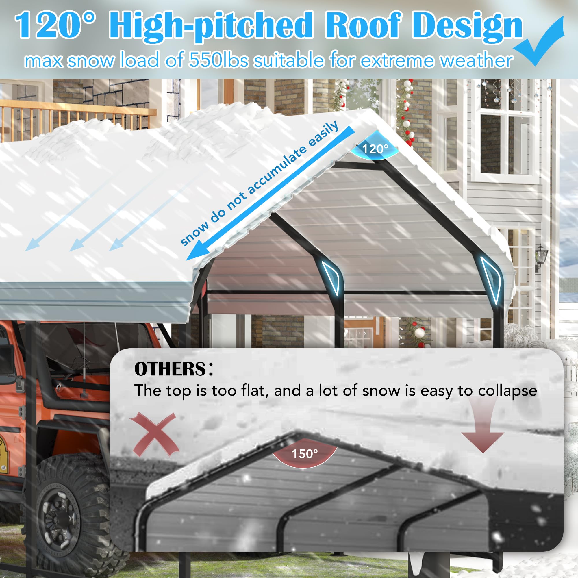 Sundale Outdoor Metal Carport 10' x 20', Heavy Duty Canopy for Garage, Car Garage Shelter with Galvanized Metal Roof and Two Bibs with Pockets for Jeep and Boat, Grey