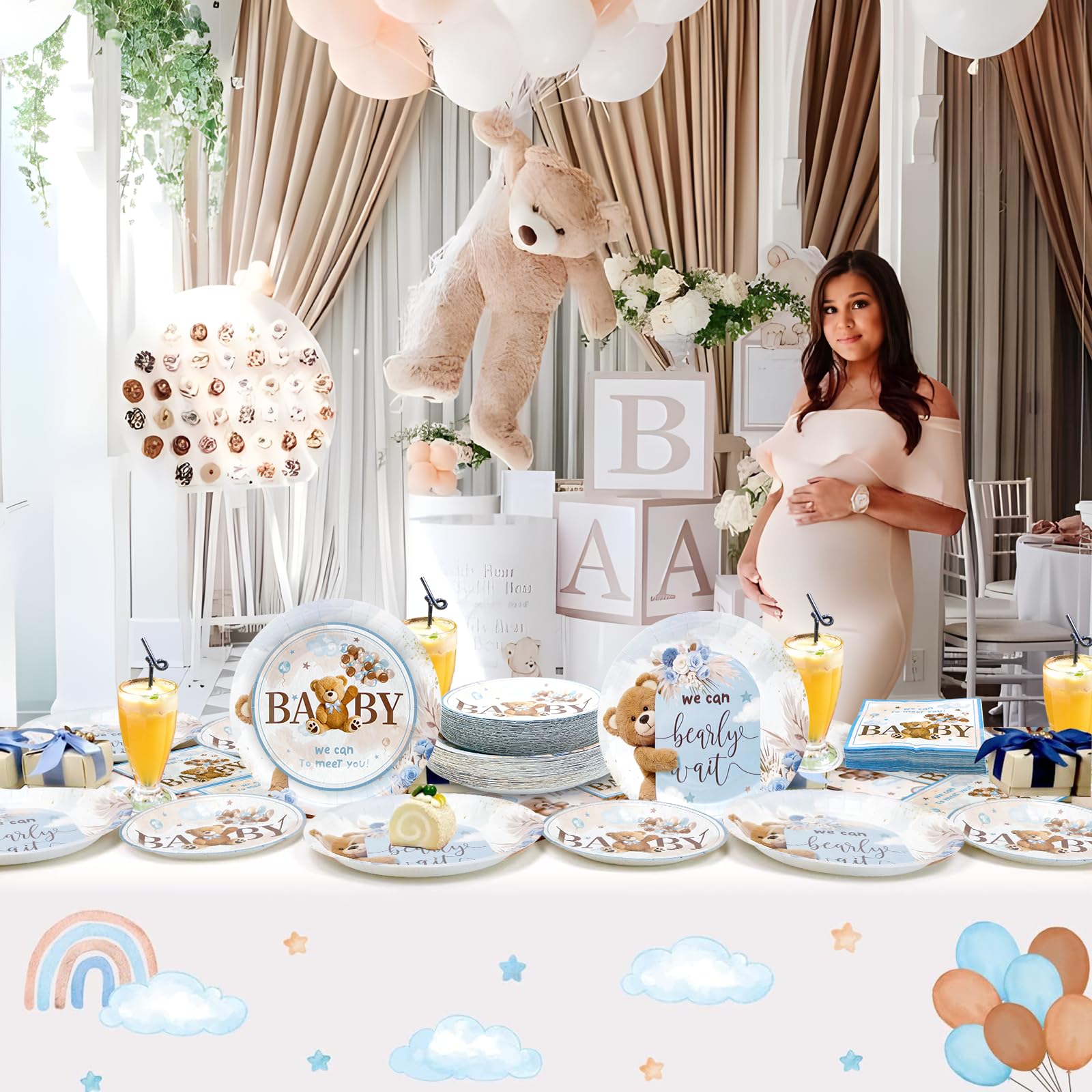 180PCS We Can Bearly Wait Paper Plates and Napkins Tableware Set Serves 60, Blue Bear Baby Shower Decorations Supplies, Includes Dinner Plates, Dessert Plates, Napkins