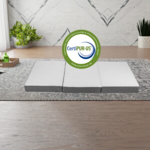 Greaton, 4-Inch Tri-Folding Gel Memory Foam Portable Floor Mattress | Breathable Mesh, Ultra Soft, Cot Pad, Removable and Washable Cover, Comfortable Support, Therapeutic Qualities, Full, White