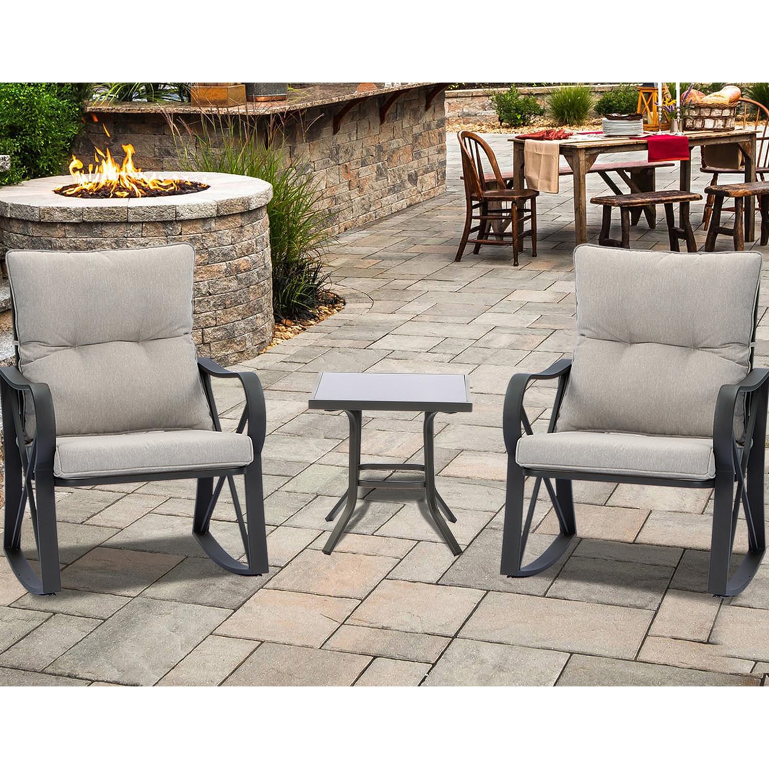 SUNBURY Outdoor 3-Piece Rocking Bistro Set, Modern Patio Furniture Set w Warm Gray Cushion, Glass Coffee Table, Small Rocker Conversation Set Patio Table and Chairs Set for Garden, Backyard