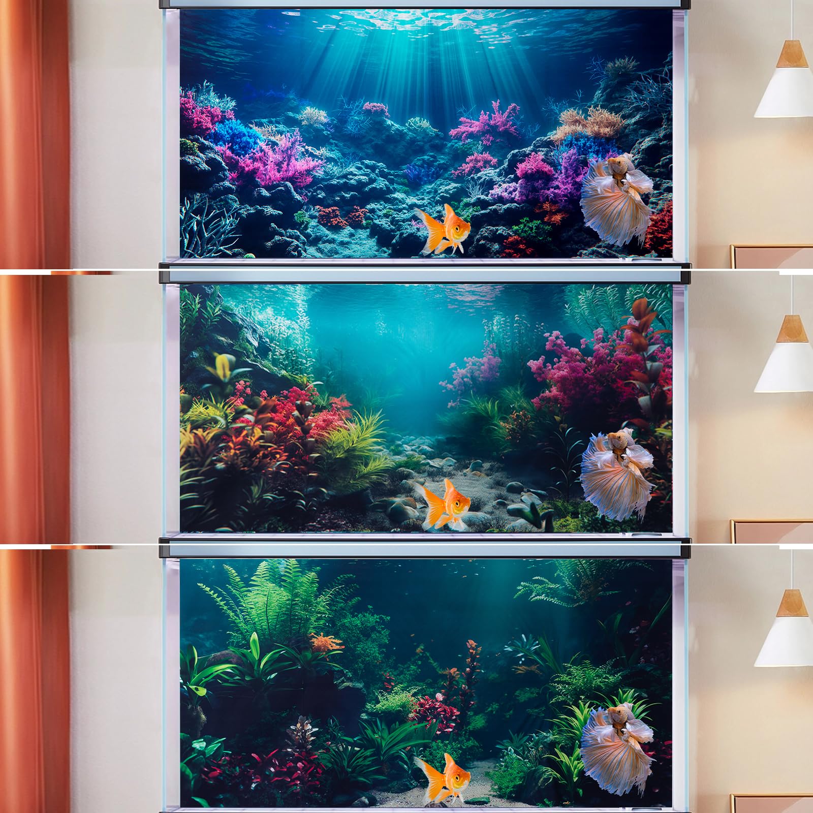 COMSUN 3 Pack Aquarium Background, 48x24 inches Polyester Aquarium Background, Cloth Fish Tank Background, Undersea Corals Sunshines & Rock Aquatic Plants