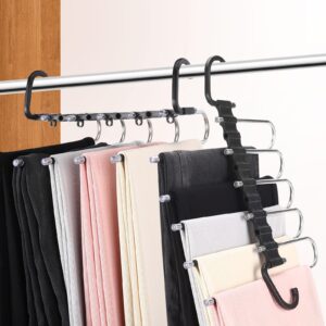 hangers space saving 5 tier pant hangers, abarackie space saving hangers, closet organizers and storage for pants jeans skirts scarf legging, anti-slip, plastic hooks, 2 packs, black