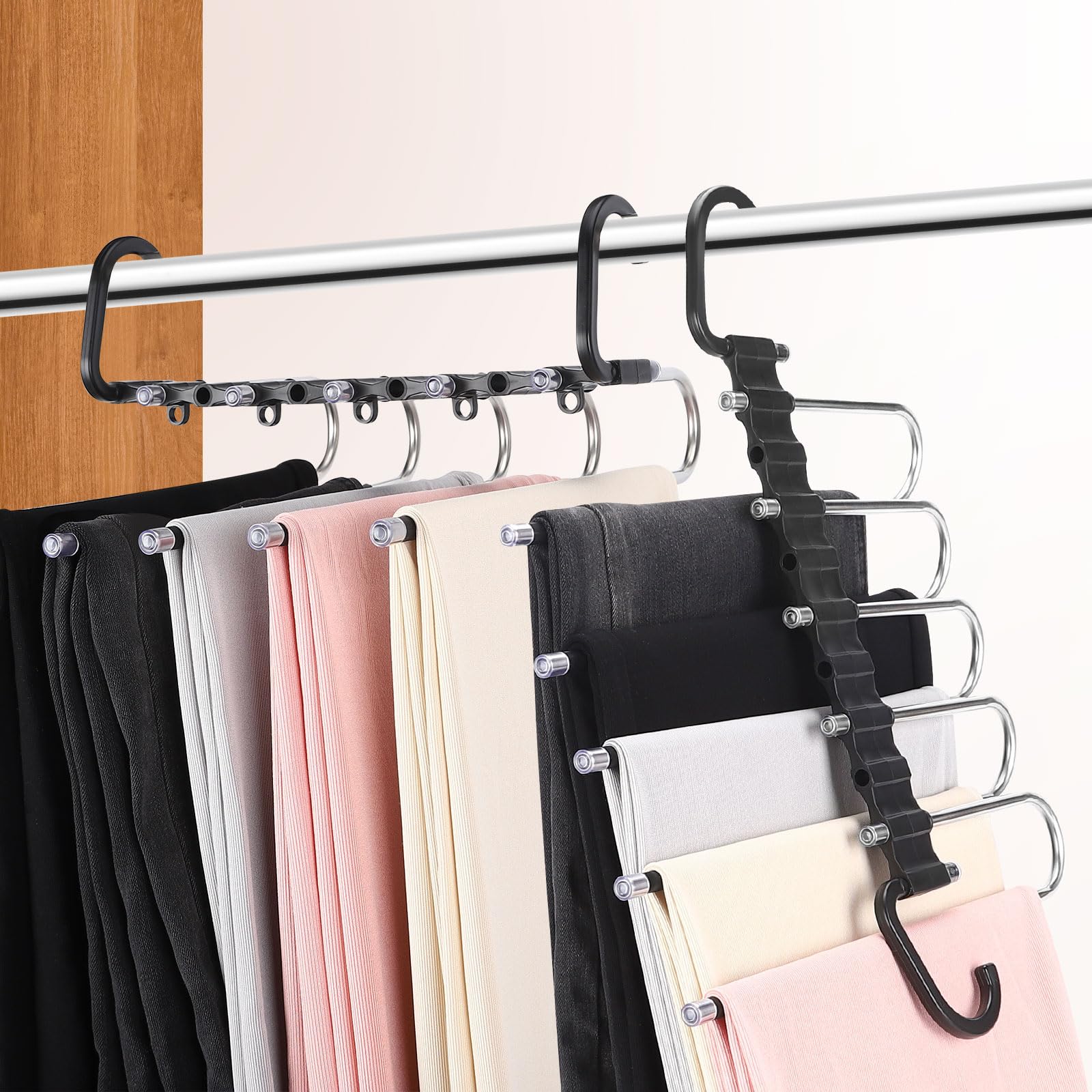 Hangers Space Saving 5 Tier Pant Hangers, Abarackie Space Saving Hangers, Closet Organizers and Storage for Pants Jeans Skirts Scarf Legging, Anti-Slip, Plastic Hooks, 2 Packs, Black