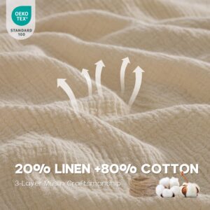 Simple&Opulence Linen Cotton Muslin Duvet Cover Set Queen Size, 3Pcs Khaki Ultra Soft Breathable 3-Layer Gauze Minimalist Comforter Cover, Seersucker Bedding Set with Zipper Closure for All Seasons