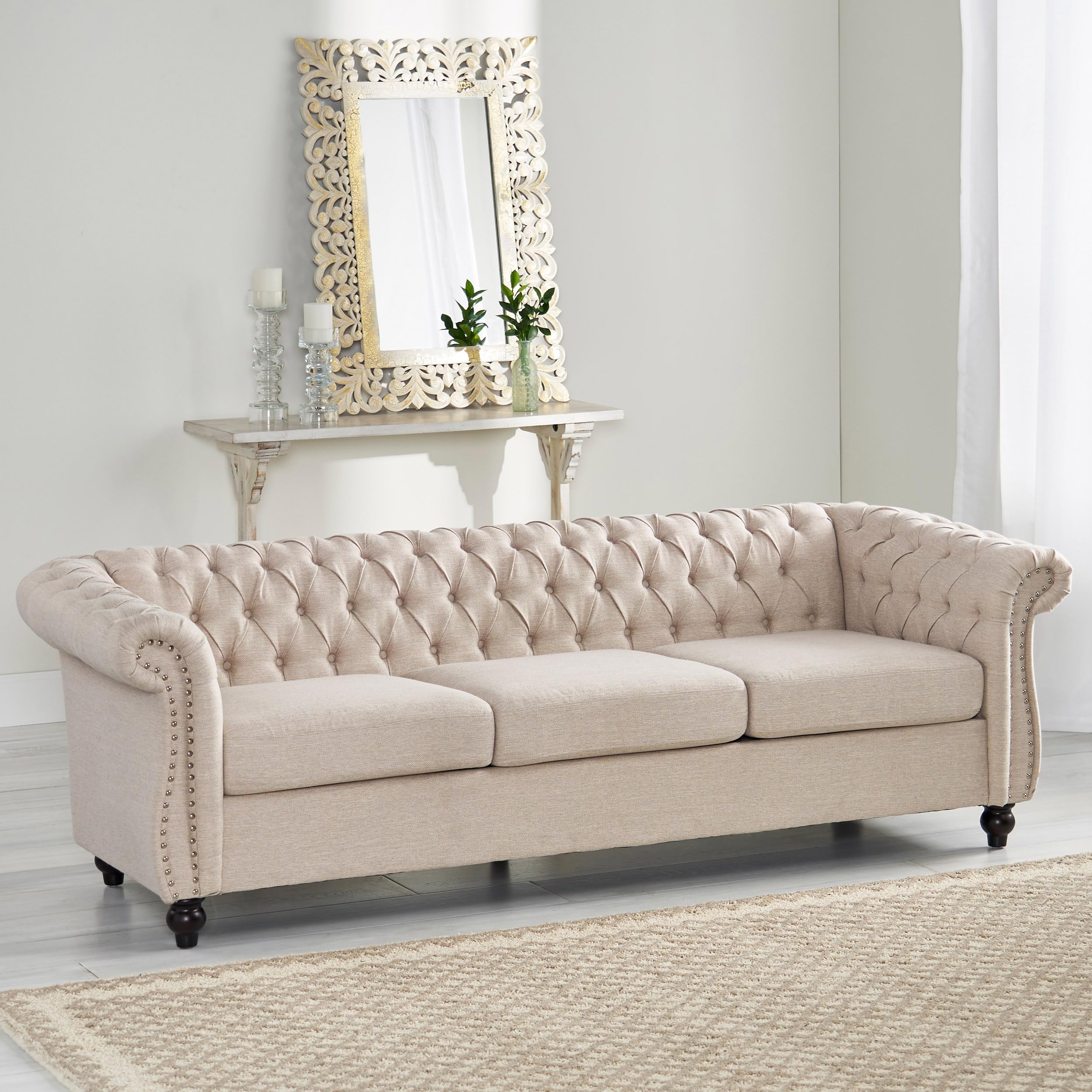 KEIKI 84" Sofa Couch 3-Seater with Button-Tufted Fabric,Mid Century Modern Design Chesterfield Style, Beige