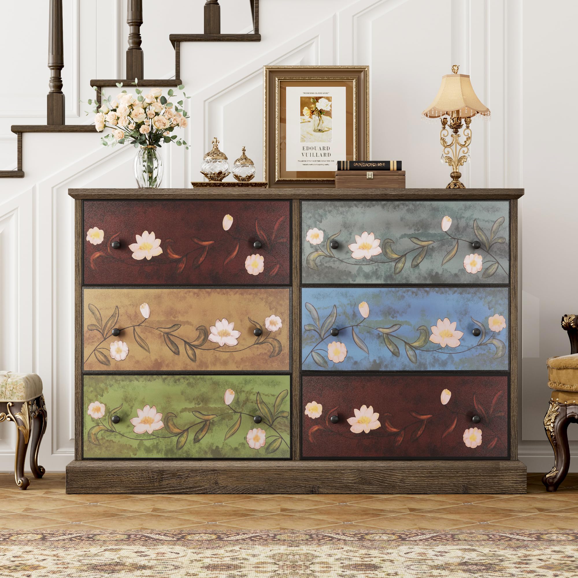 finetones 47.5’’ Wide Dressers & Chests of Drawers, 6 Drawer Dresser Boho Dresser TV Stand, Wood Dresser Vintage Dresser Chest of Drawers for Home, 47.5W x 16.7D x 31.9H Inch