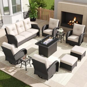 kholh outdoor patio furniture sets with fire pit table 10 pieces wicker swivel rocker chairs and sofa sets for backyard deck